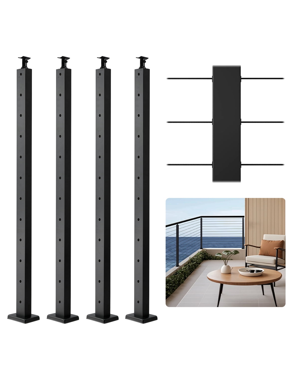 VEVOR 4-Pack Cable Railing Post, 42x1x2 In Horizontal-Hole Deck Railing ...