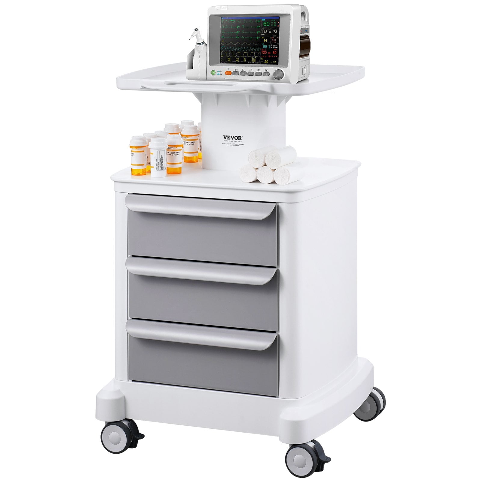 VEVOR 4-Tier Lab Cart - Mobile Medical Cart with 3 Drawers and Top Tray ...
