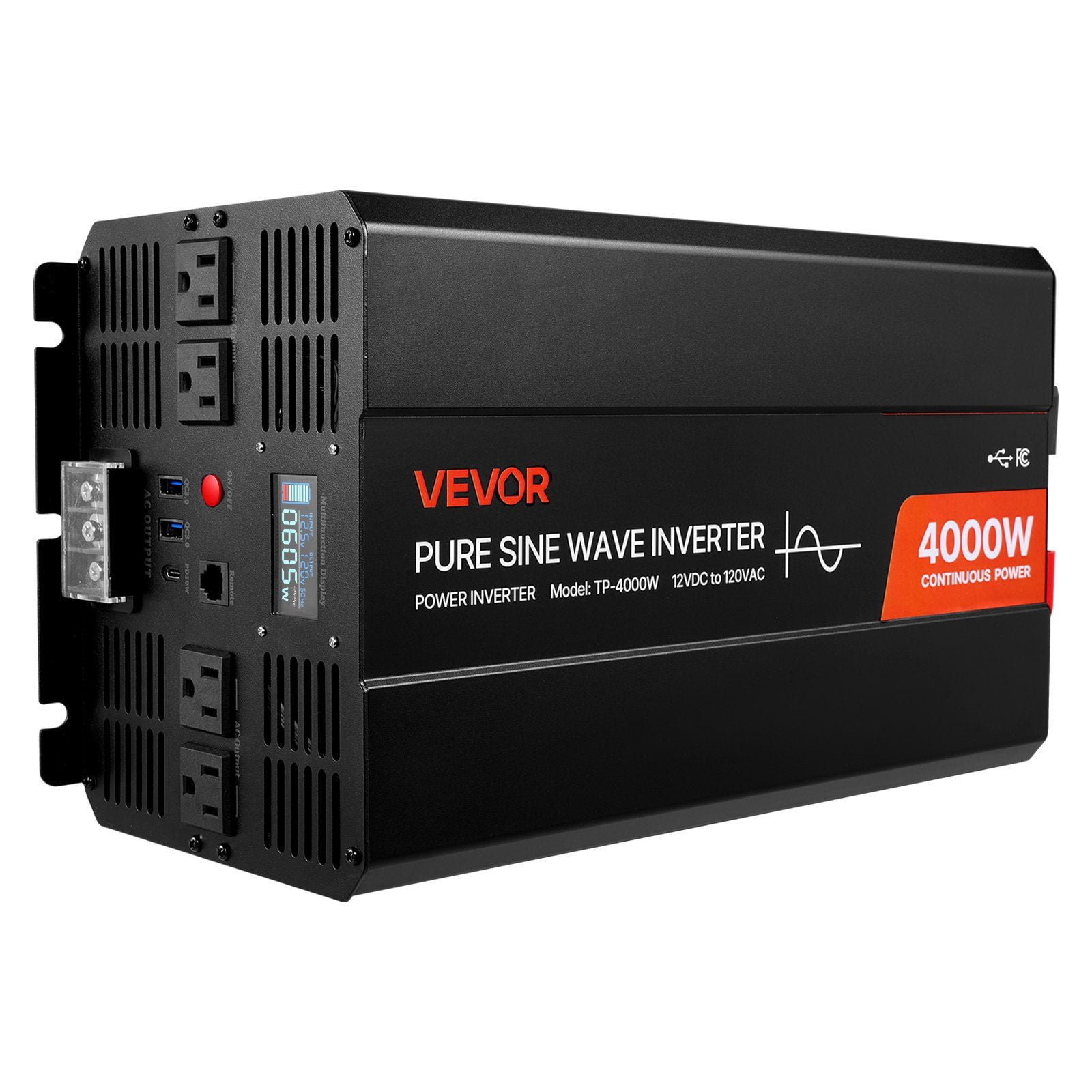 VEVOR 4000W Power Inverter, 12V DC to 120V AC Pure Sine Wave Inverter ...