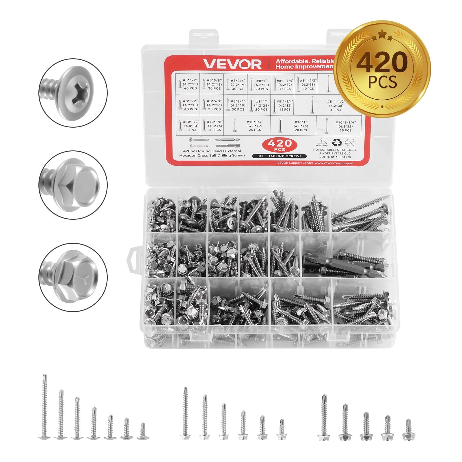 VEVOR 420 PCS Self Drilling Screws, Stainless Steel #8 #10 Sheet Metal ...