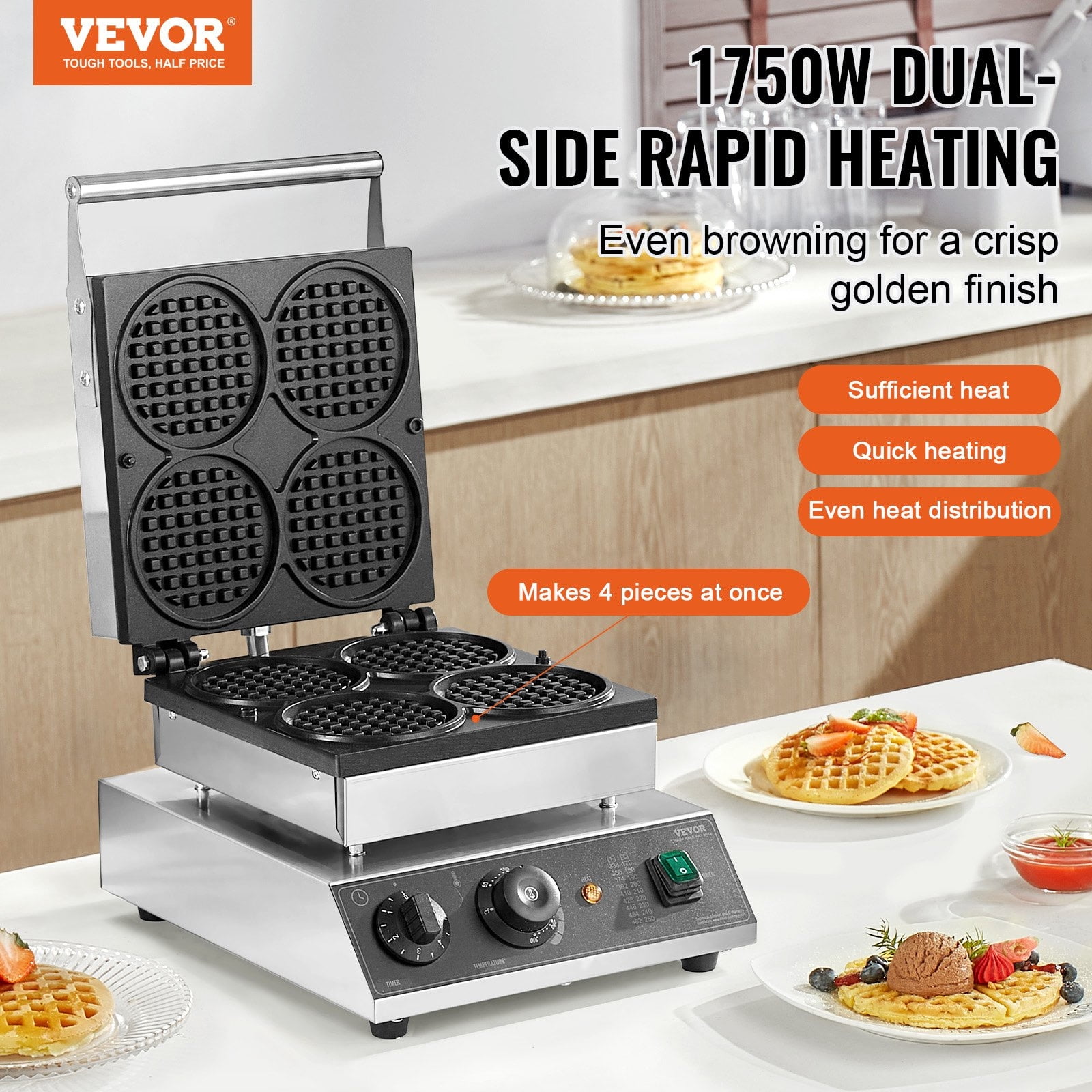 VEVOR 4PCS Commercial Waffle Maker Round Waffle Iron Machine 1750W Non ...