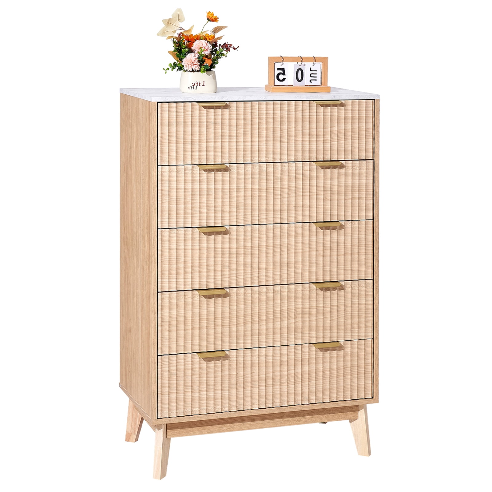 VEVOR 5 Fluted Drawer Dresser, Wooden Chest of Drawers with Sliding ...
