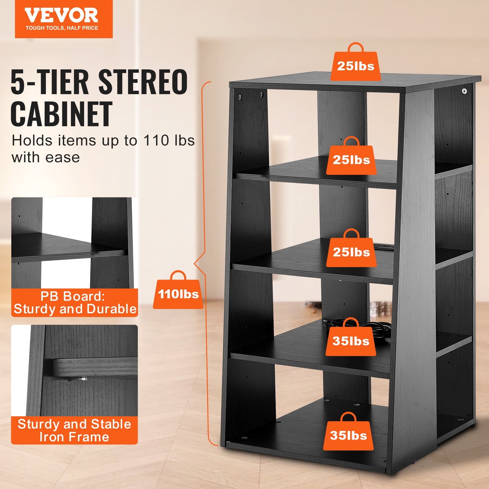 VEVOR 5-Tier AV Media Stand, Wooden Audio-Video Media Stand for DVD ...