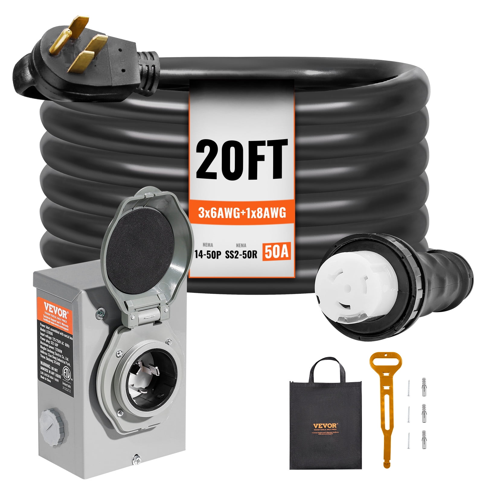 VEVOR 50 Amp Generator Cord and Power Inlet Box Kit, 20FT, NEMA 14-50P ...