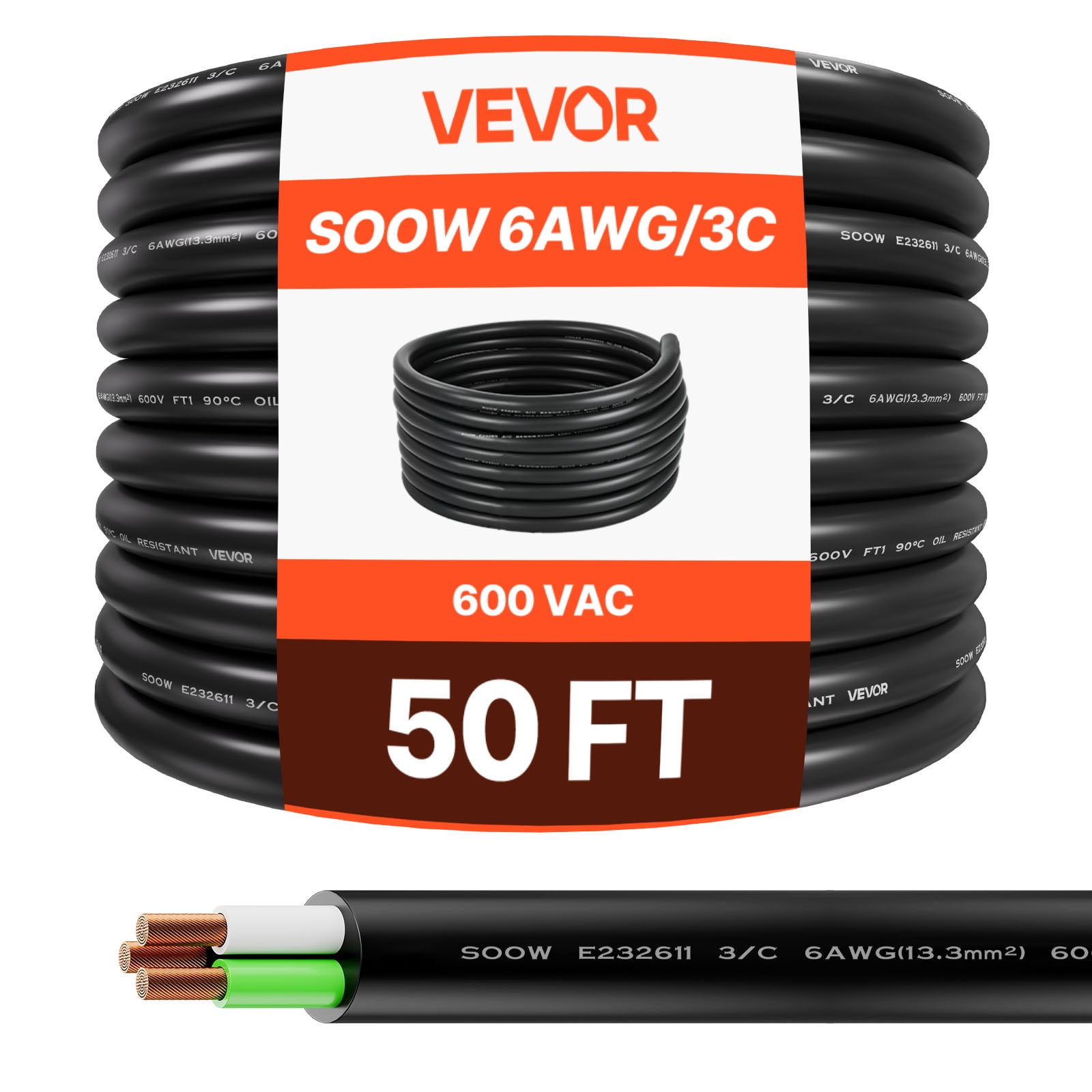 VEVOR 50 FT 6AWG Portable Power Cable (3 Conductor), Heavy Duty 600V ...