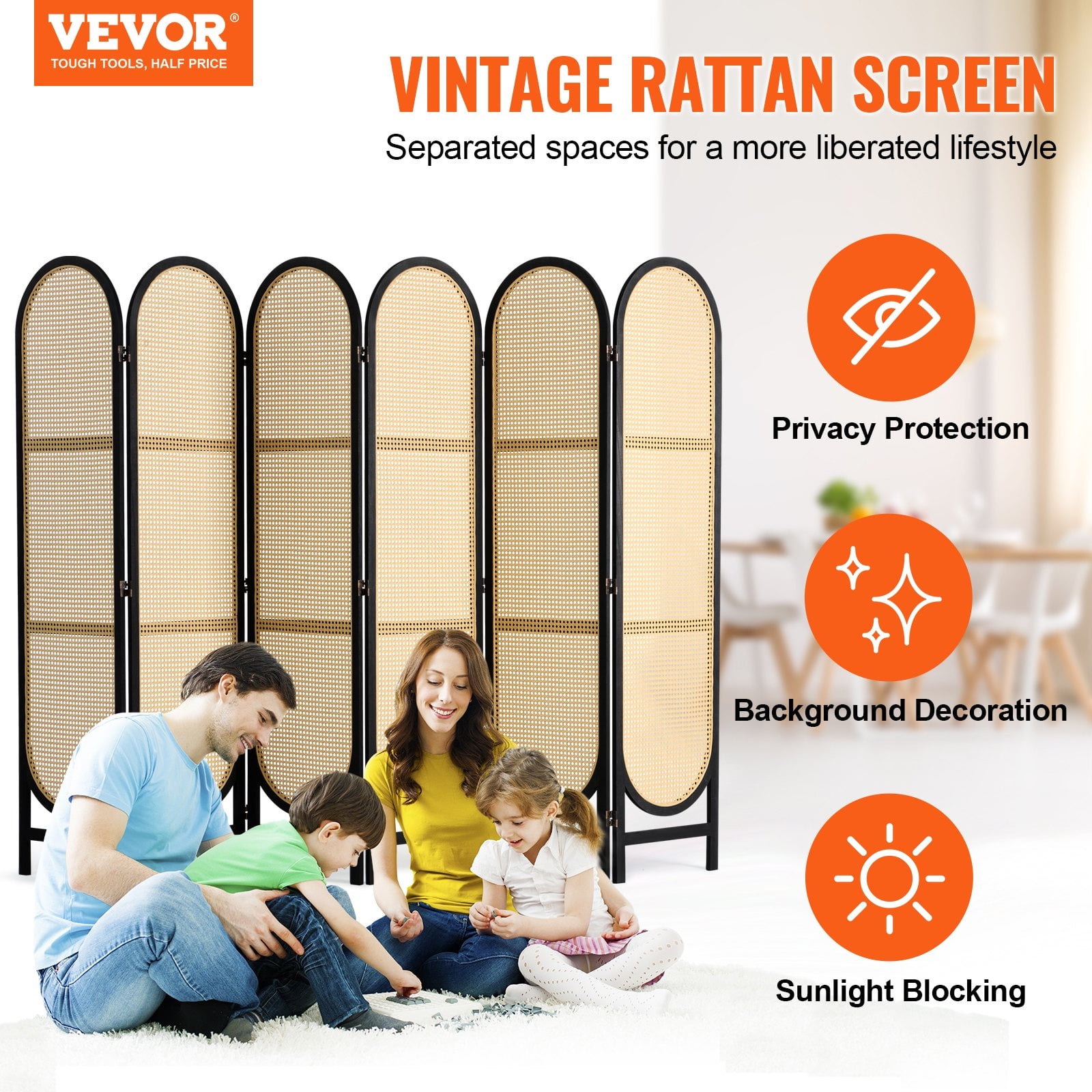 VEVOR 6 Panel Room Divider, Hand-Woven Rattan Folding Privacy Screens ...