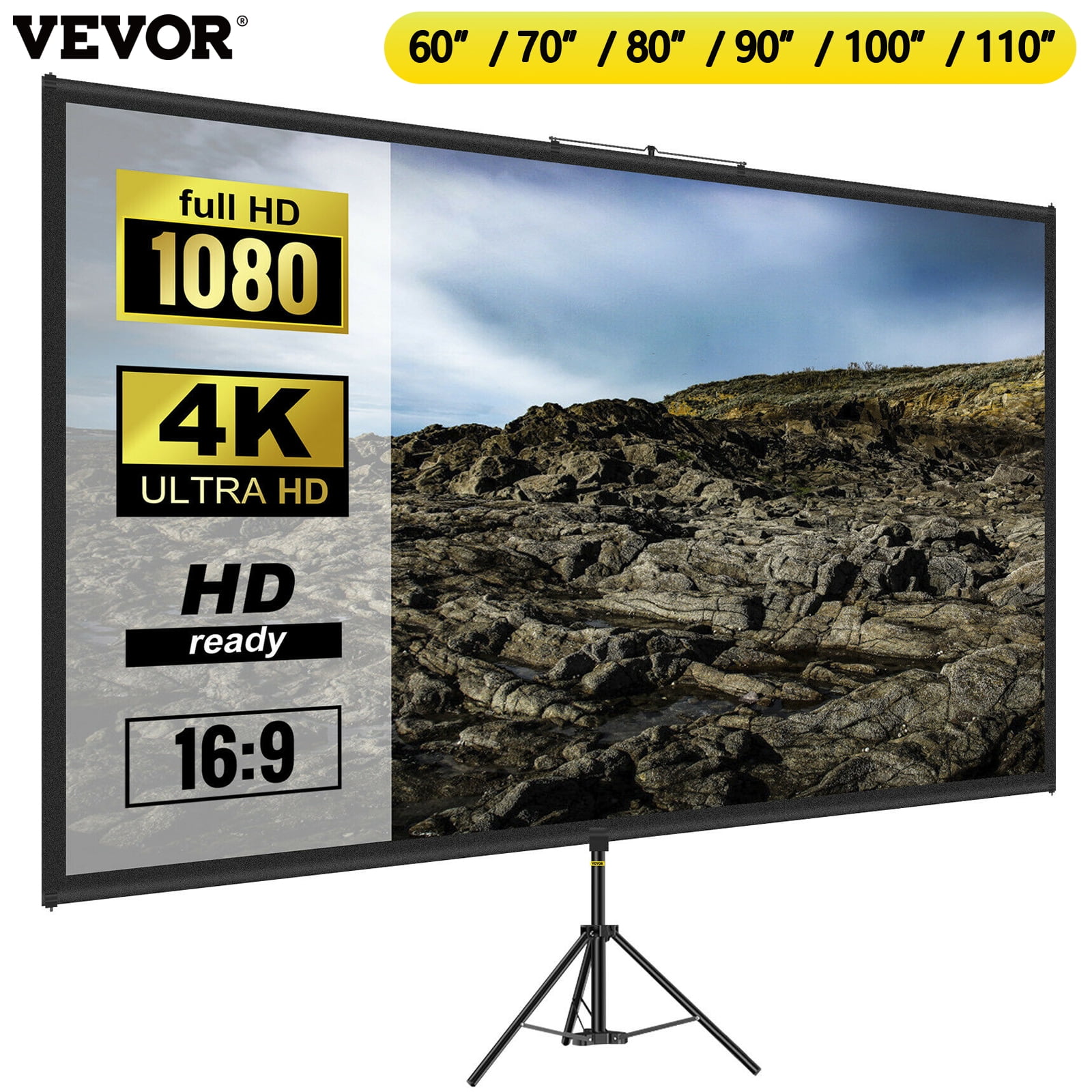 VEVOR 60 70 80 90 100 110 Inch Tripod Projector Screen W/ Stand 16:9 4K ...