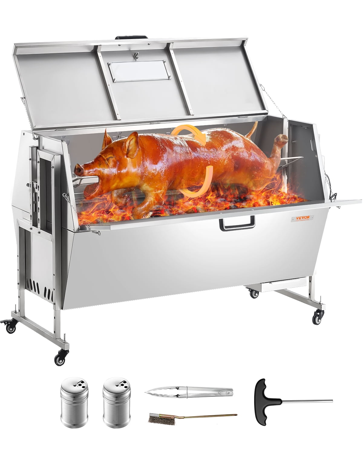 VEVOR 60W Rotisserie Grill with Hooded Cover, 56 Inch Pig Lamb Goat ...