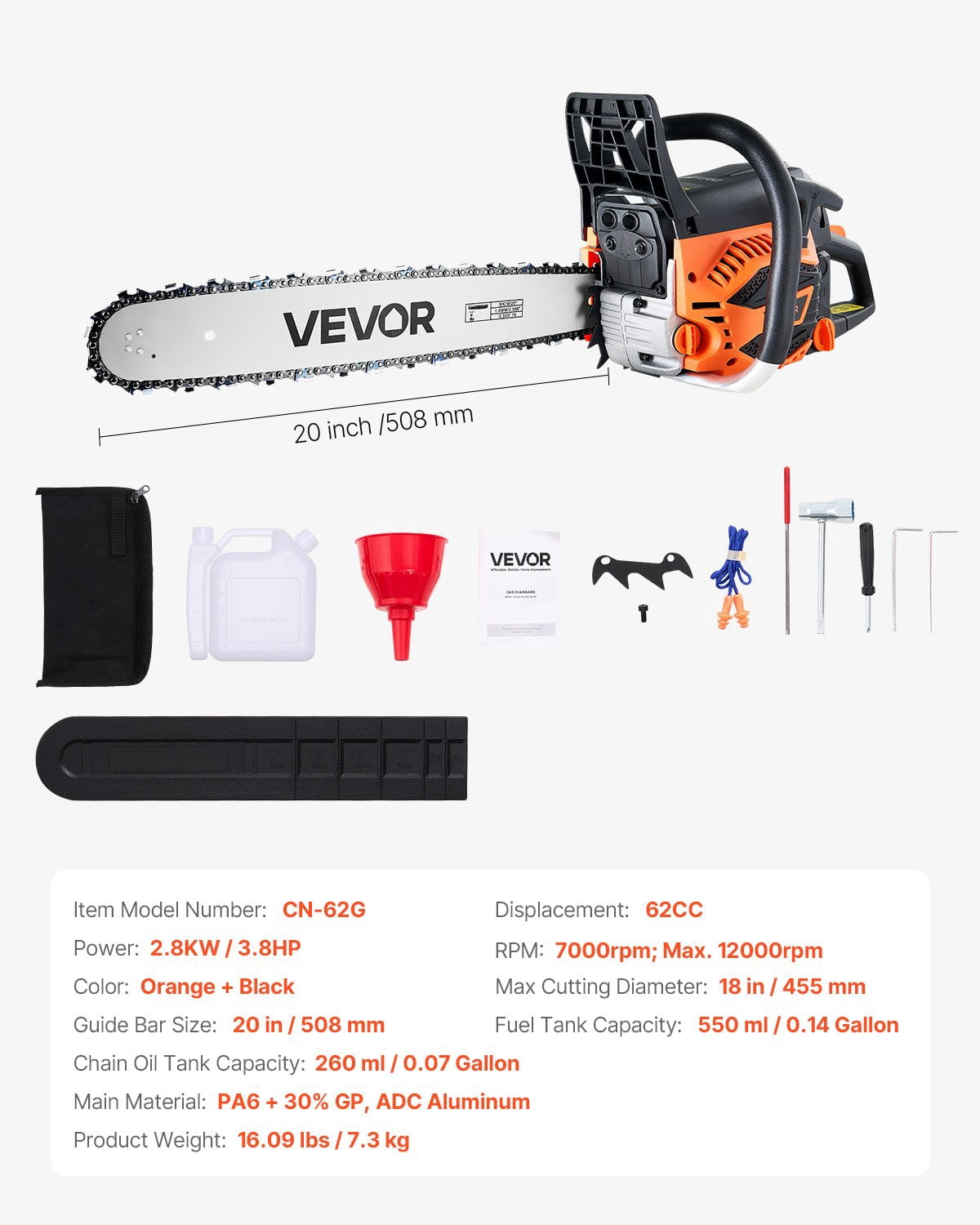 VEVOR 62 cc Gas Chainsaw, 20 inch Gas Powered Chainsaw, 3.8 HP Power ...