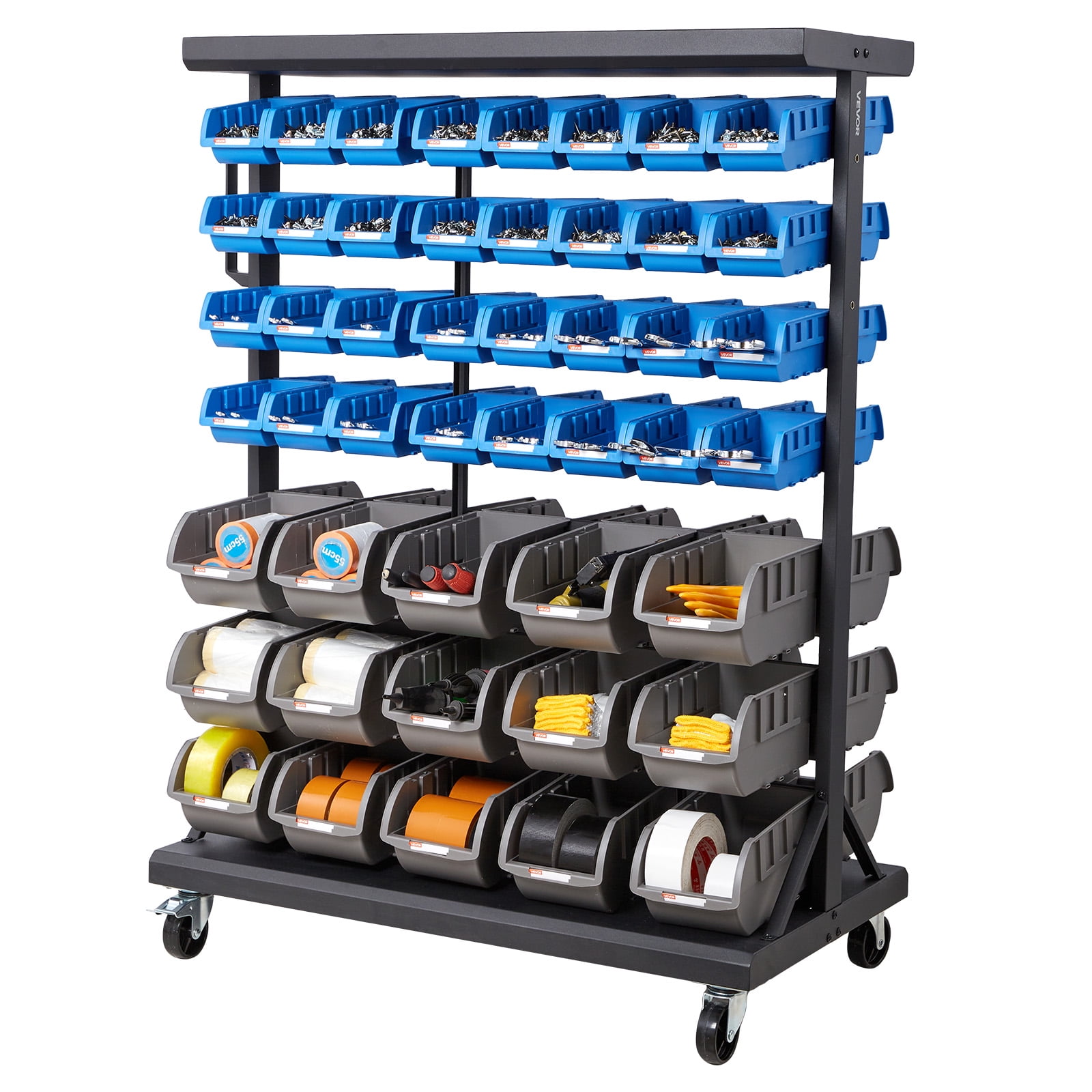 VEVOR 7-Tier Double-Sided Rolling Bin Storage Rack, 94 Plastic Bins ...