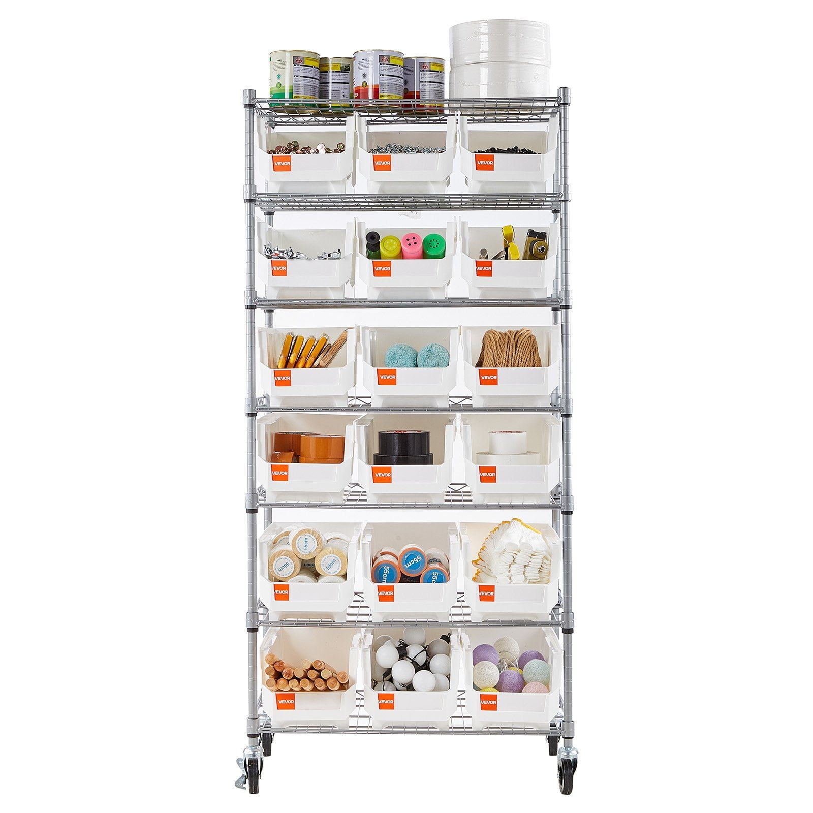 VEVOR 7-Tier Rolling Bin Storage Rack, 18 Organizer Bins, Bin Rack ...