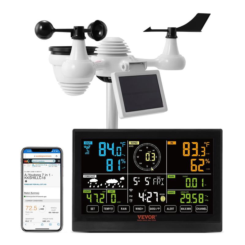 VEVOR 7-in-1 WiFi Weather Station - 7.5" Color Display with Solar Wireless Sensor | Monitors ...