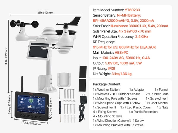 VEVOR 7-in-1 Wireless Weather Station with Wi-Fi, 7" TFT Colorful ...