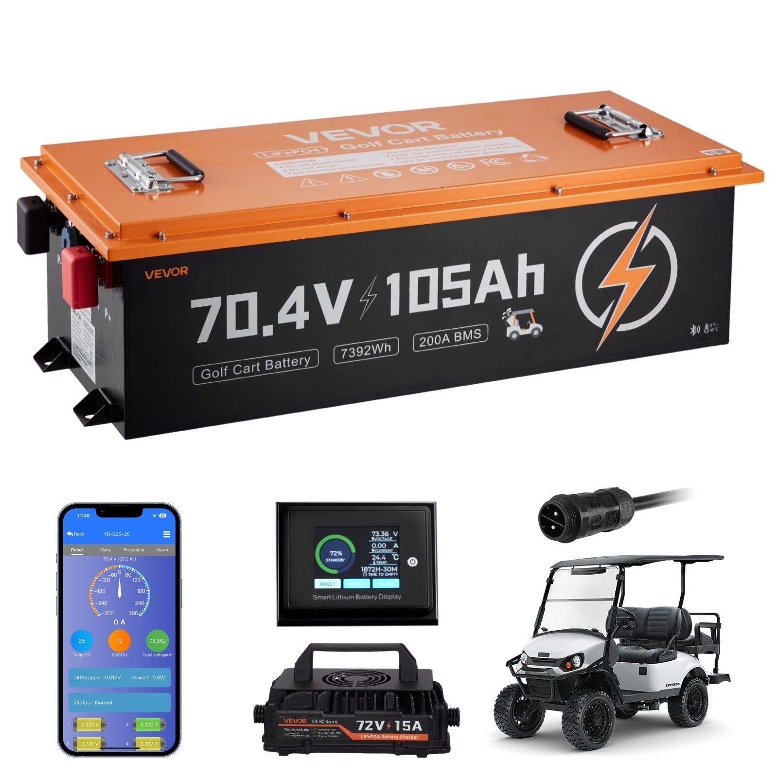 VEVOR 72V (70.4V) 105AH Lithium Golf Cart Battery, with 15A Charger ...