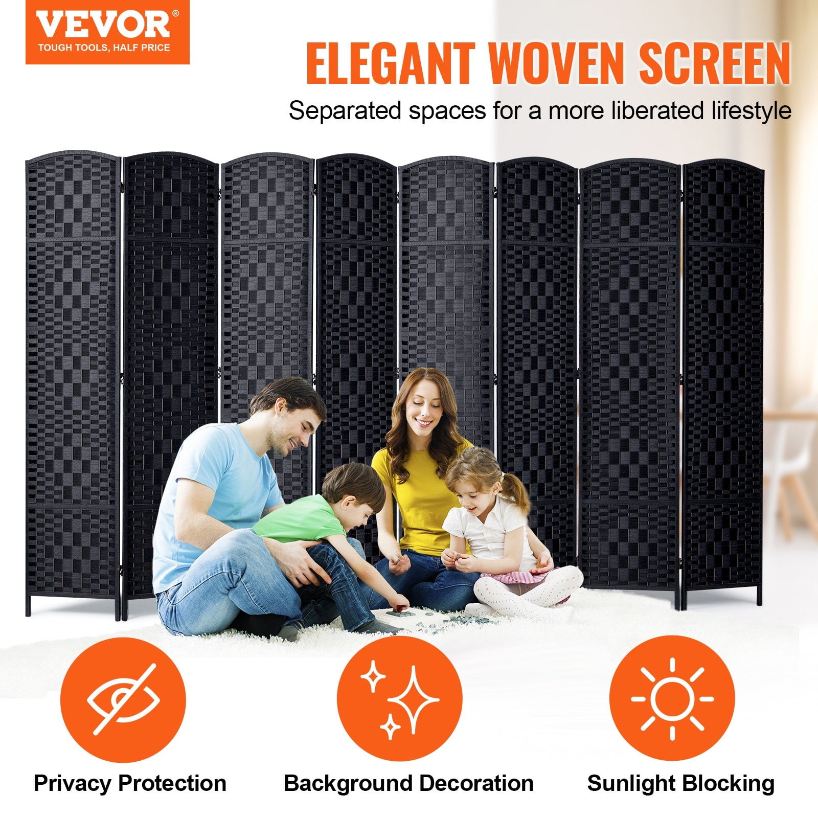 VEVOR 8 Panel Room Divider, Hand-Woven Folding Privacy Screens with ...