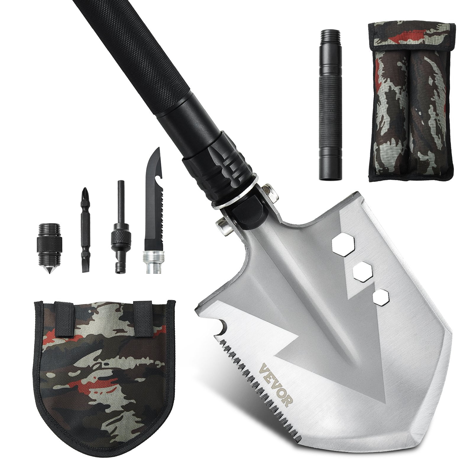 VEVOR 8-in-1 Survival Shovel, Folding Camping Shovel Multitool, Compact ...