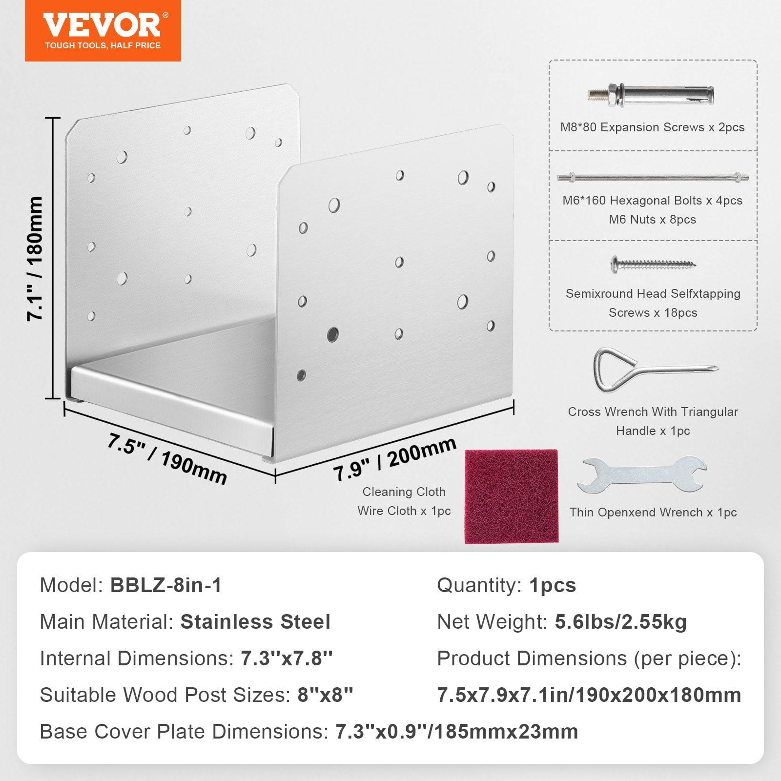 VEVOR 8"x 8" Post Base, 1Pcs Stainless Steel Adjustable Post Anchor ...