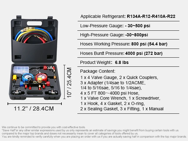 VEVOR AC Gauge Set 3-Way AC Manifold Gauge Set for R134A R22 R12 R502 Refrigerant w/5ft Hoses ...