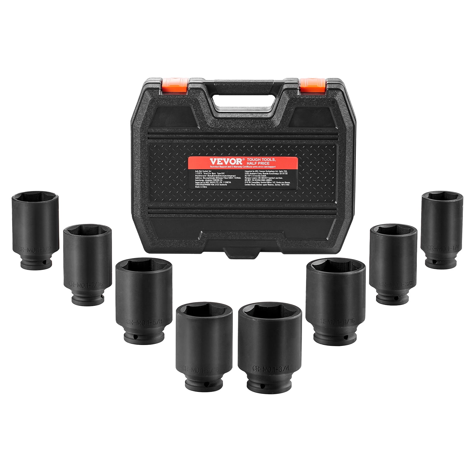 VEVOR Axle Nut Impact Socket Set, 1/2" Drive Deep 6-Point 8-Piece SAE ...