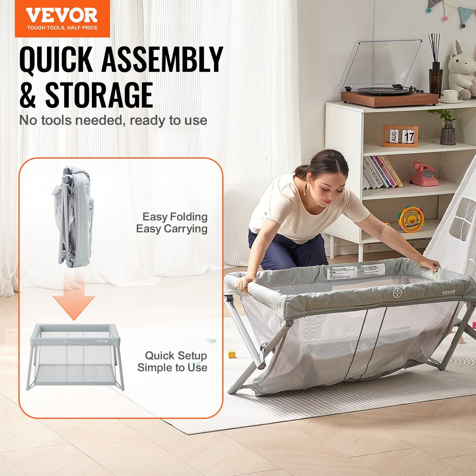 VEVOR Baby Travel Crib and Play Yard Folding Baby Playpen with Soft ...