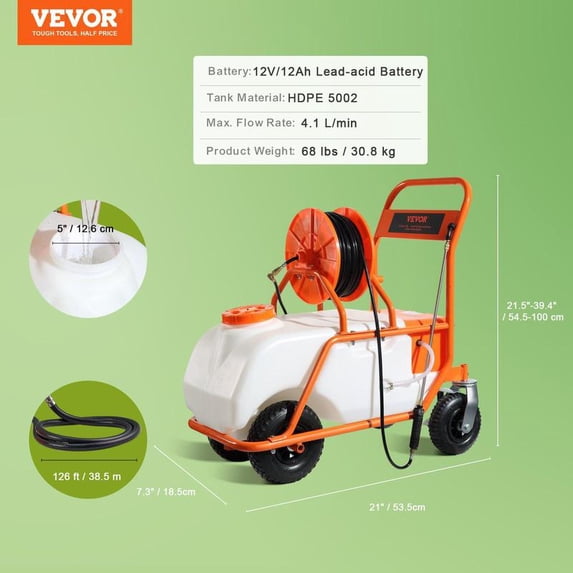 VEVOR Battery Powered Lawn Sprayer on Wheel, 0-90 PSI Adjustable ...