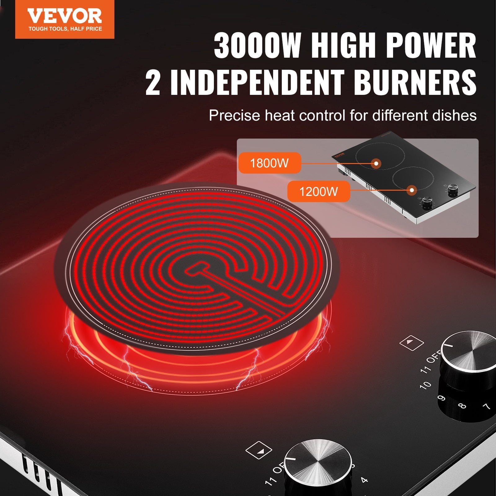 VEVOR Built-in Electric Cooktop Radiant Ceramic Cooktop 2 Burners 20 ...