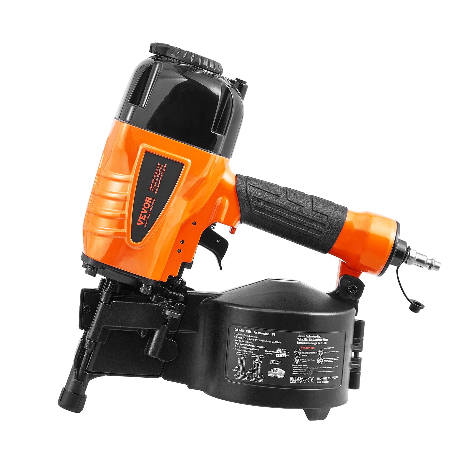 VEVOR CN65 Coil Siding Nailer - 15° Pneumatic Nail Gun, 1-1/4" to 2-1/2 ...