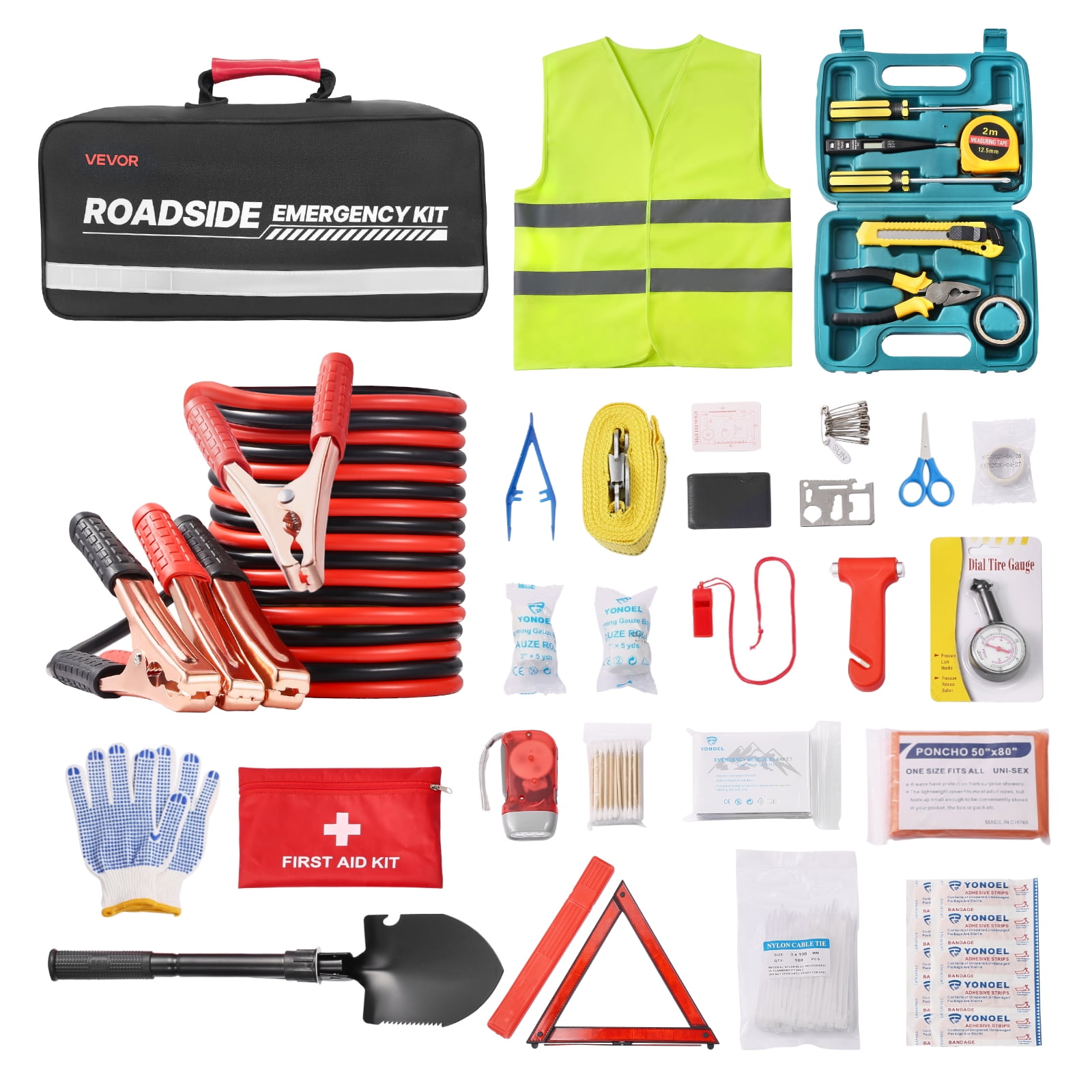 VEVOR Car Emergency Kit, 2-in-1 First Aid Kit with Jumper Cables ...