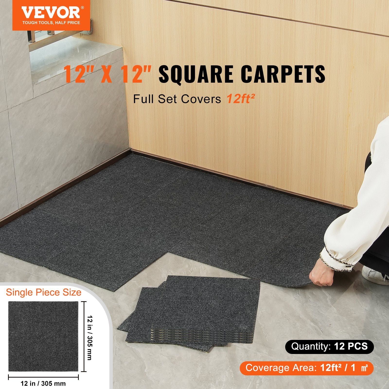 VEVOR Carpet Tiles Peel and Stick, 12' x 12' Squares Self Adhesive ...