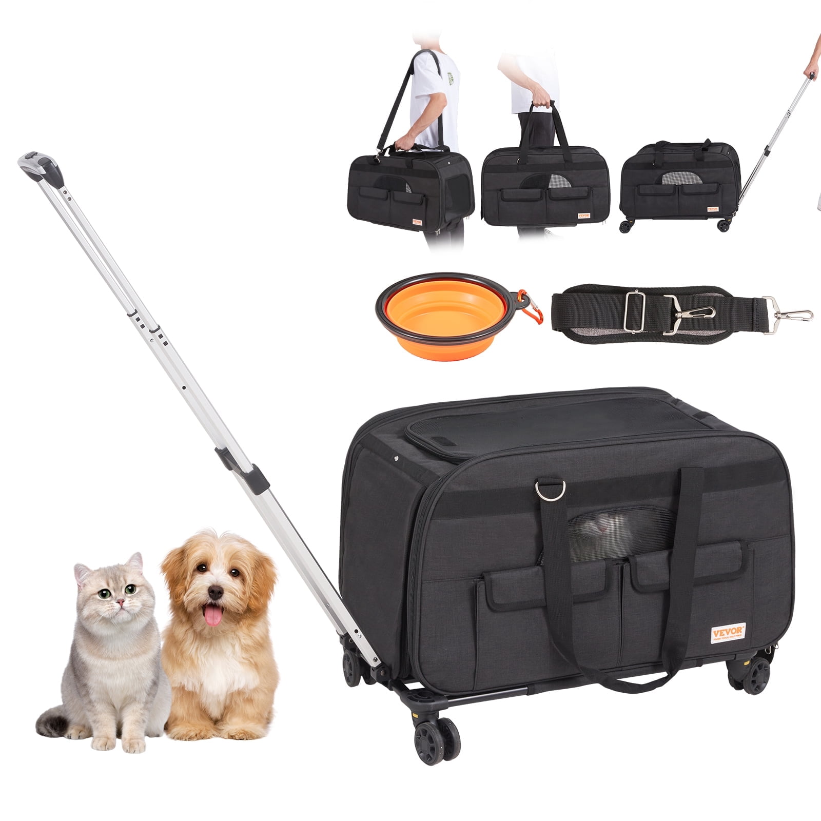 VEVOR Cat Carrier with Wheels, Rolling Pet Carrier with Telescopic ...