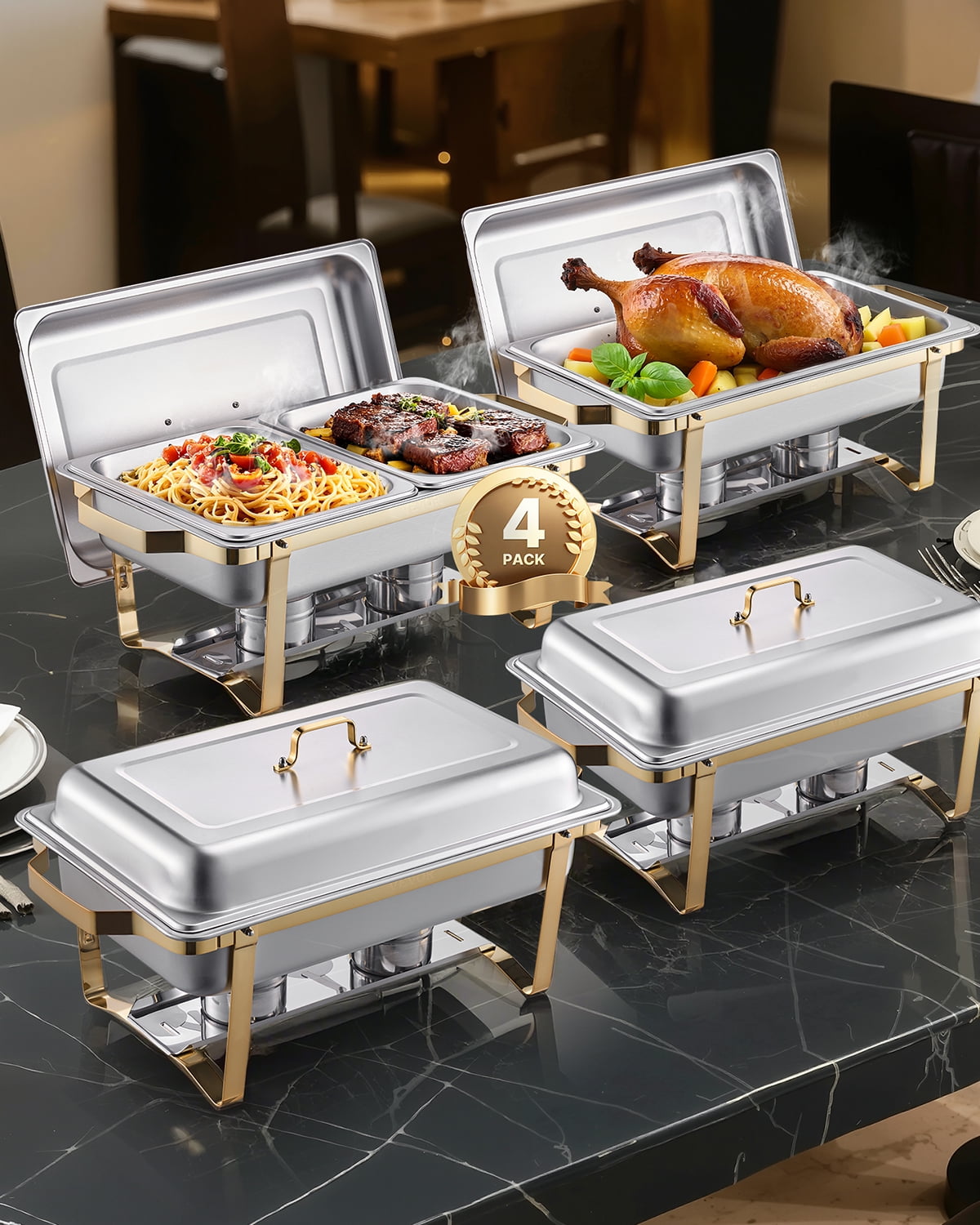 VEVOR Chafing Dish Buffet Set, 8 Qt 4 Pack, Stainless Steel Chafer with 2 Full Size and 4 Half ...