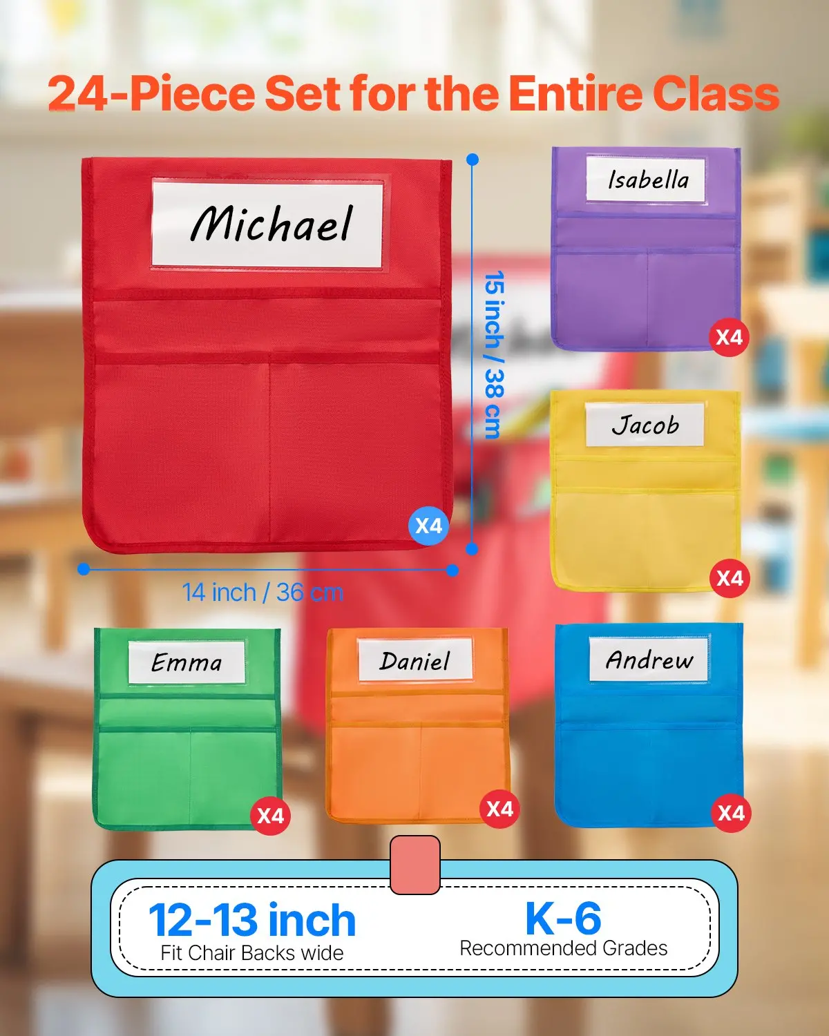 Chair Pockets for Classroom 24 Pack Seat Pocket with Name Tag ...