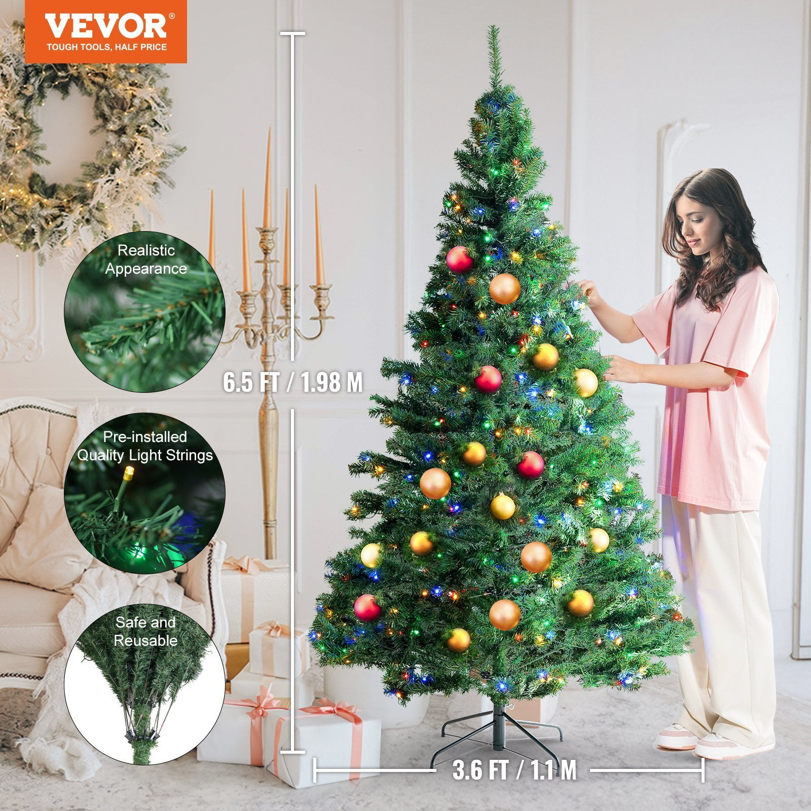 VEVOR Christmas Tree, Full Holiday Xmas Tree with LED Lights, Metal ...