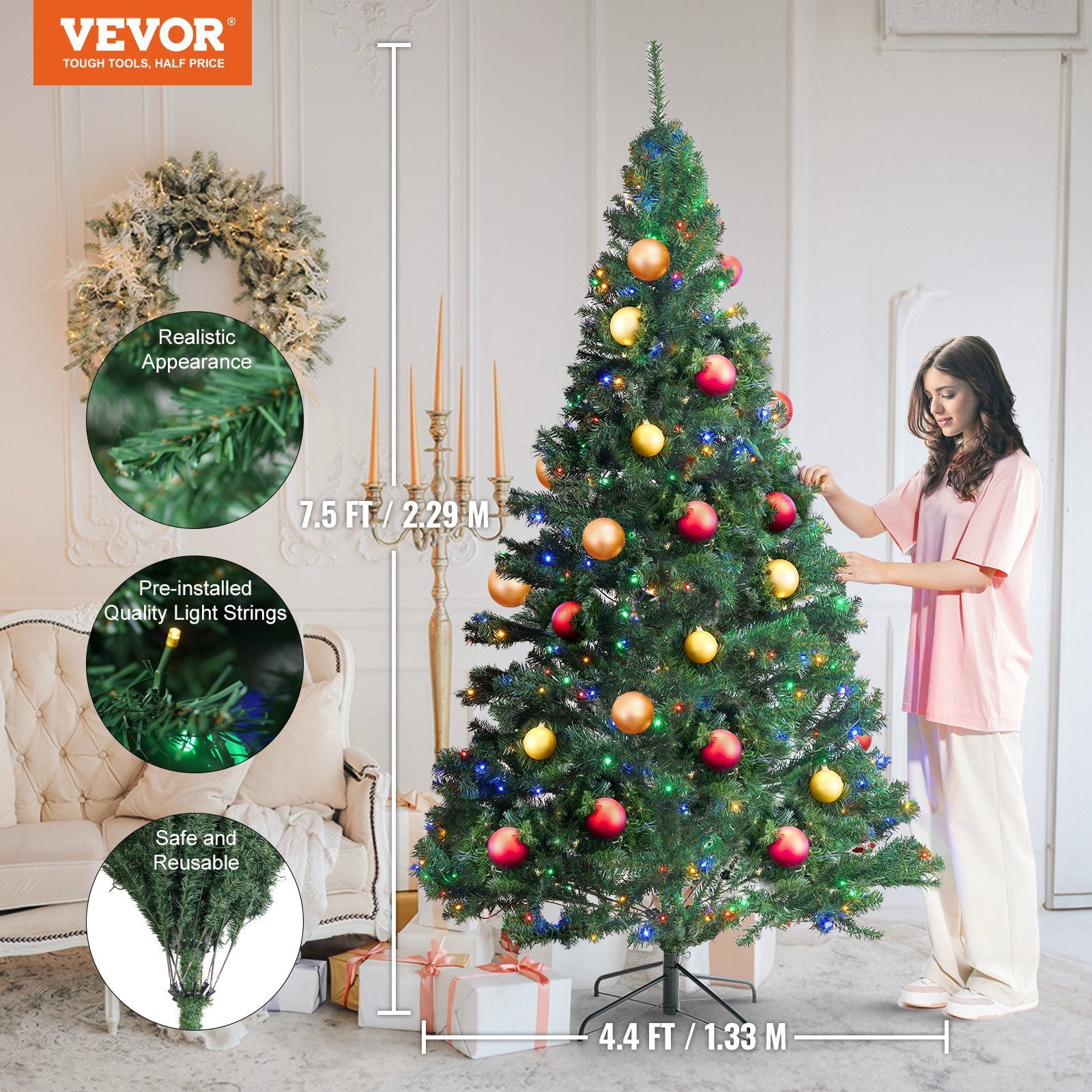 VEVOR Christmas Tree, Full Holiday Xmas Tree with LED Lights, Metal ...