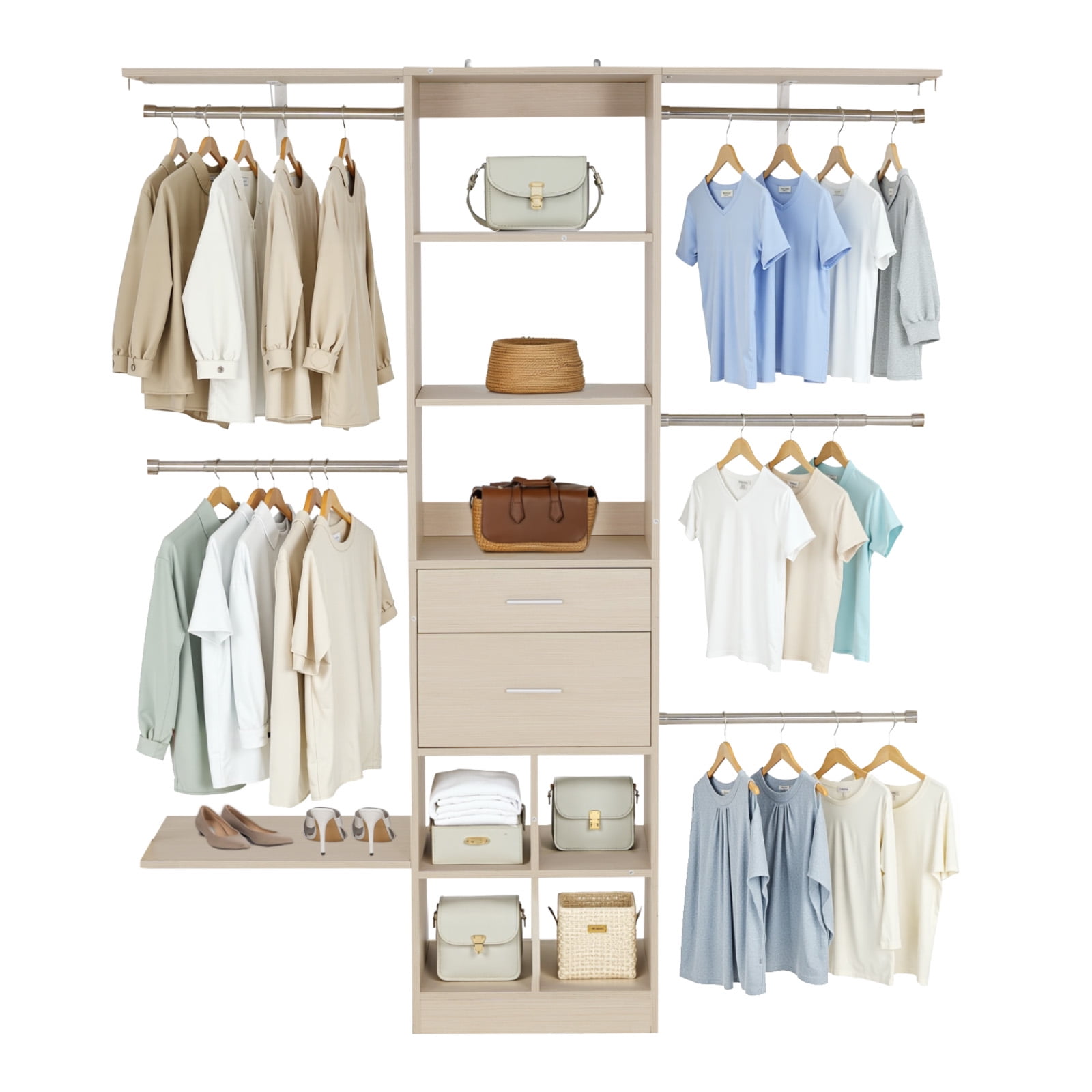 VEVOR Closet System with 2 Drawers, Adjustable Height Wooden Closet ...