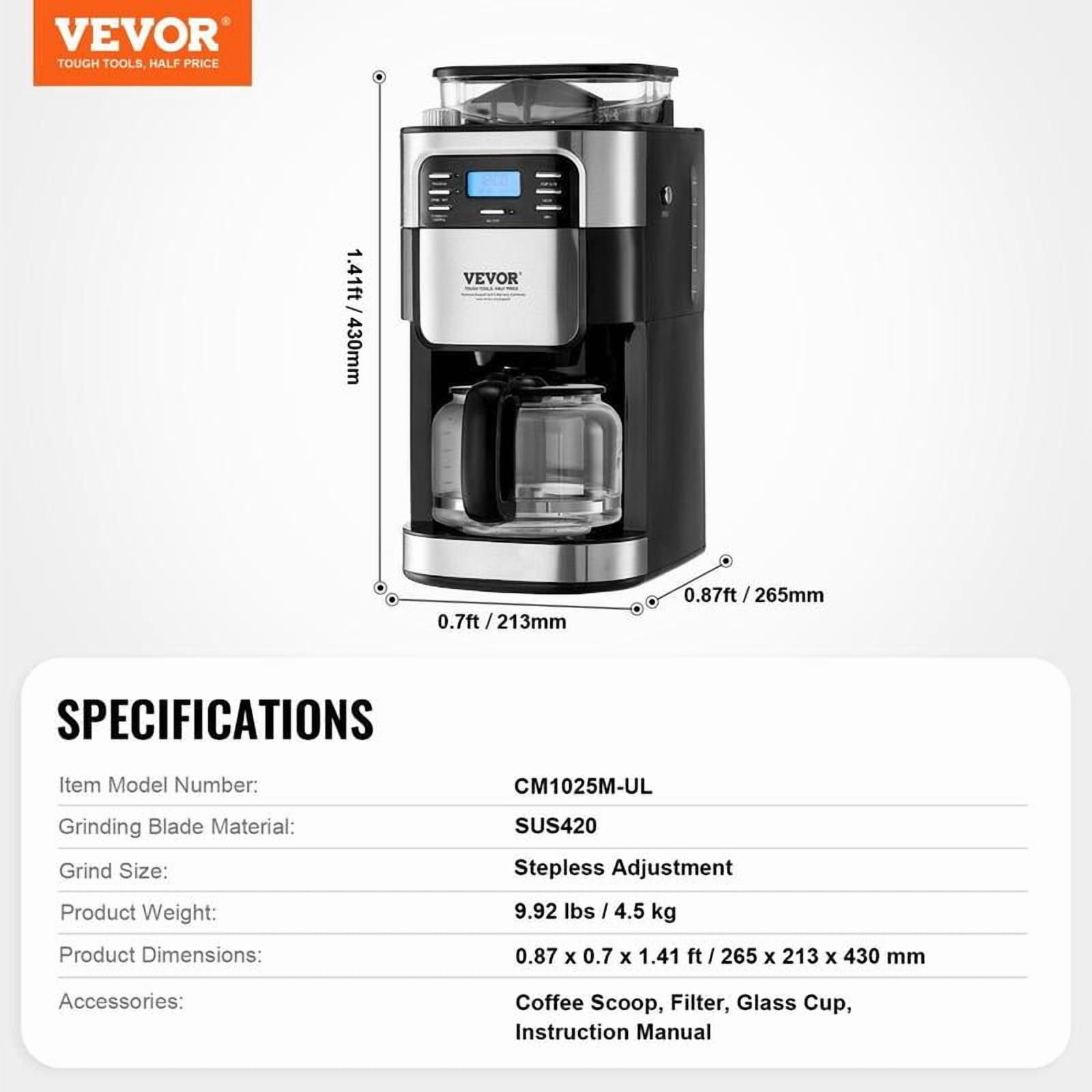 VEVOR Coffee Maker with Grinder, 12 Cup Coffee Machine, Grind and Brew ...