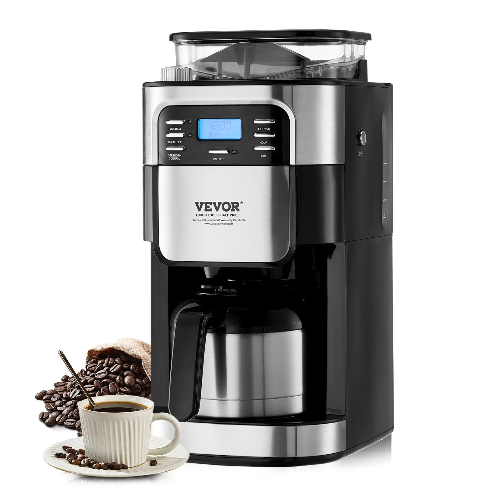 VEVOR Coffee Maker with Grinder, 8 Cup Coffee Machine, Grind and Brew ...