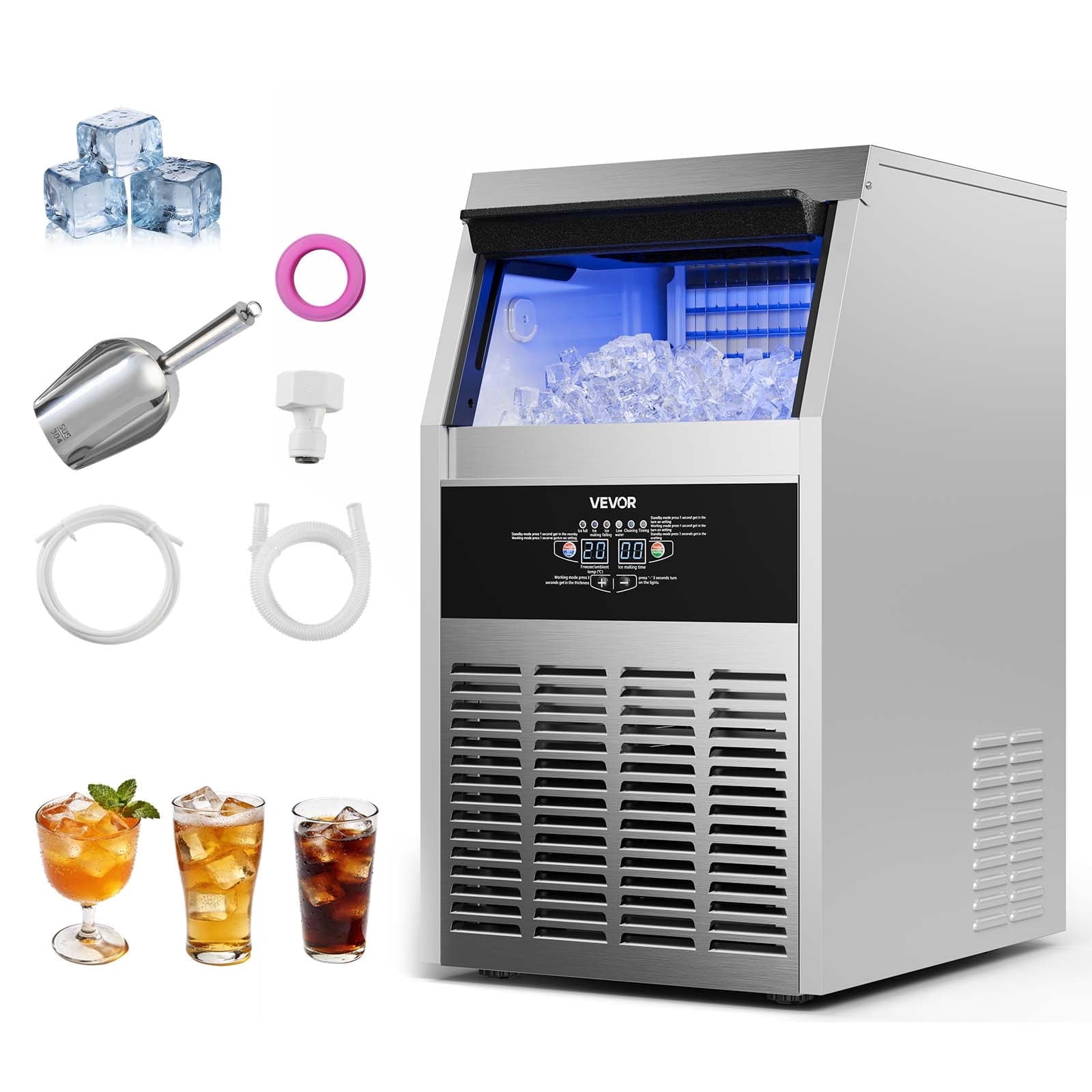 VEVOR Commercial Ice Maker Machine, 130 LBS/Day Ice Production with 30 ...