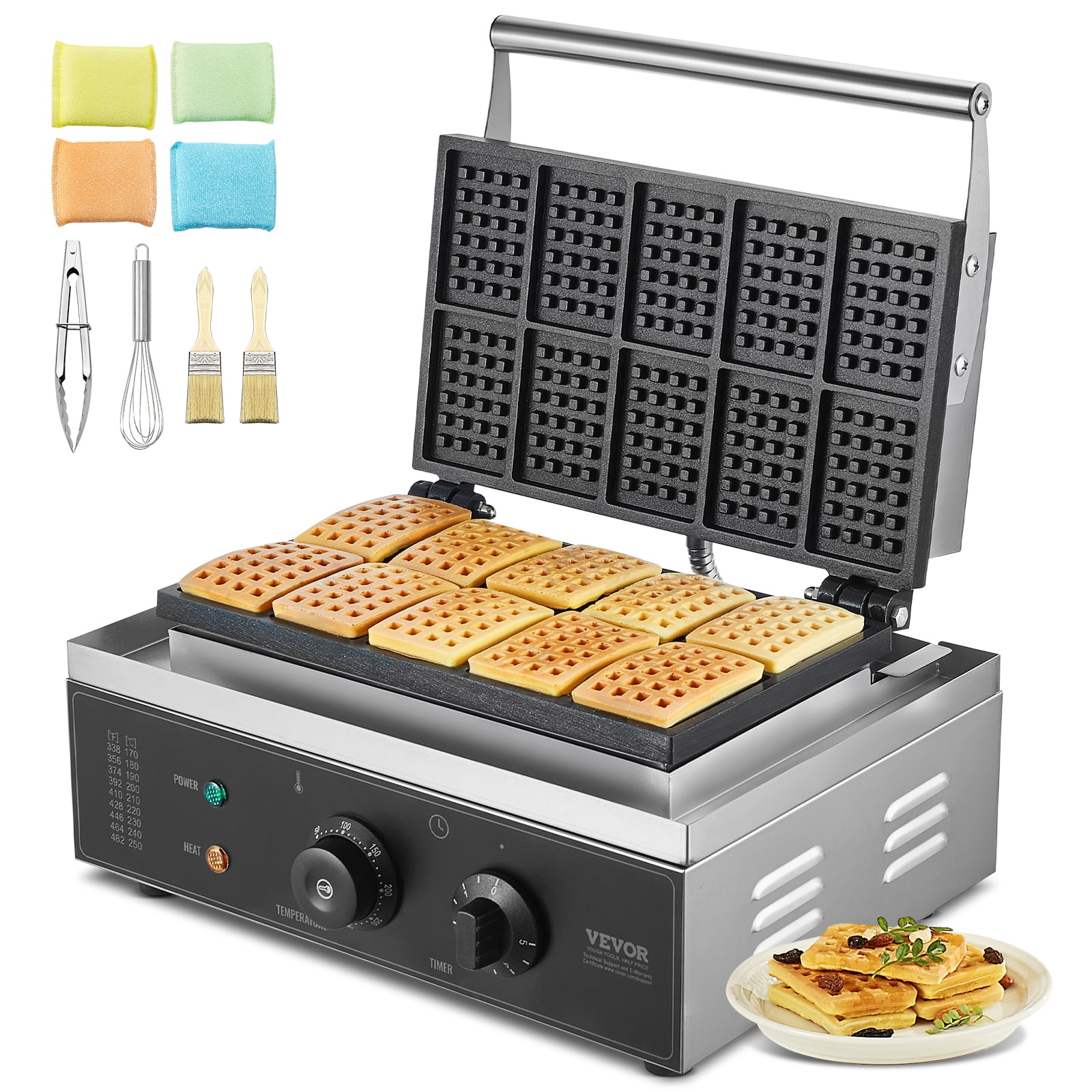 VEVOR Commercial Waffle Maker, 10PCS Rectangle Waffle Baker Machine ...