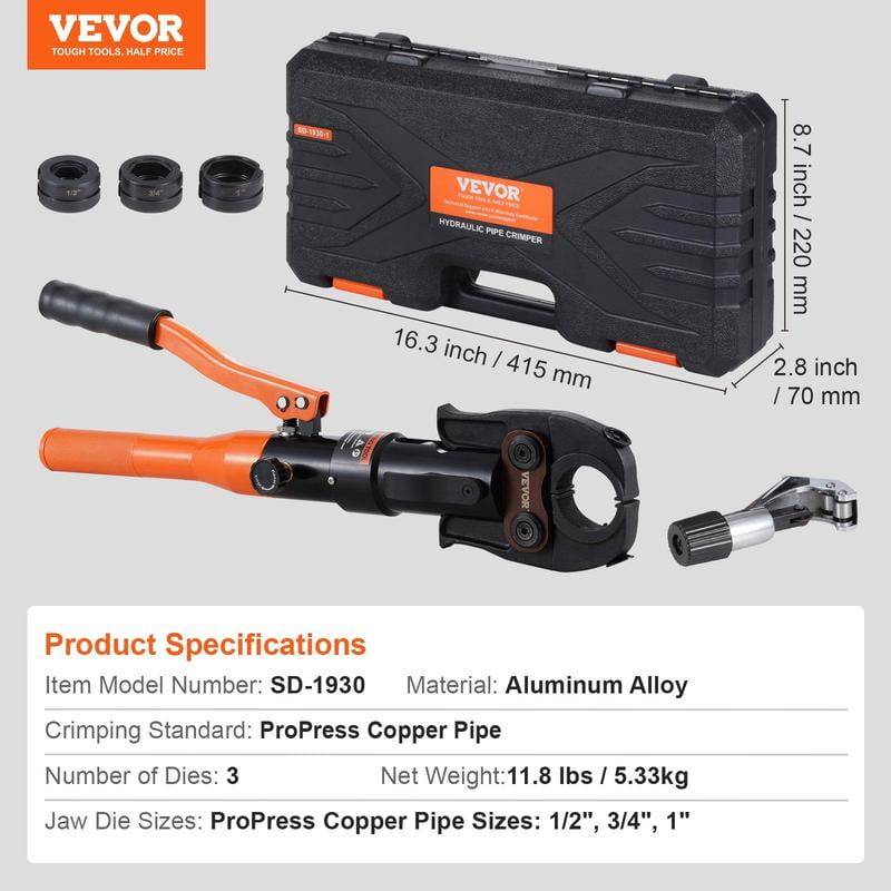 VEVOR Copper Tube Fittings Crimping Tool with 1/2" 3/4" 1" Jaws Pipe ...