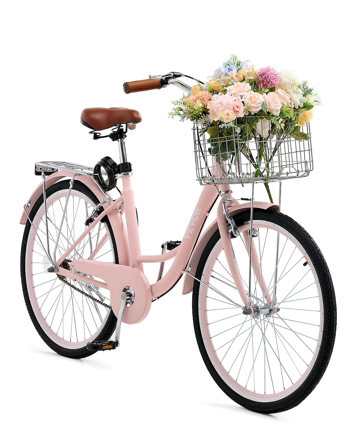 VEVOR Cruiser Bike, 1-Speed, 26-Inch Pink Beach Cruiser Bike with Large ...
