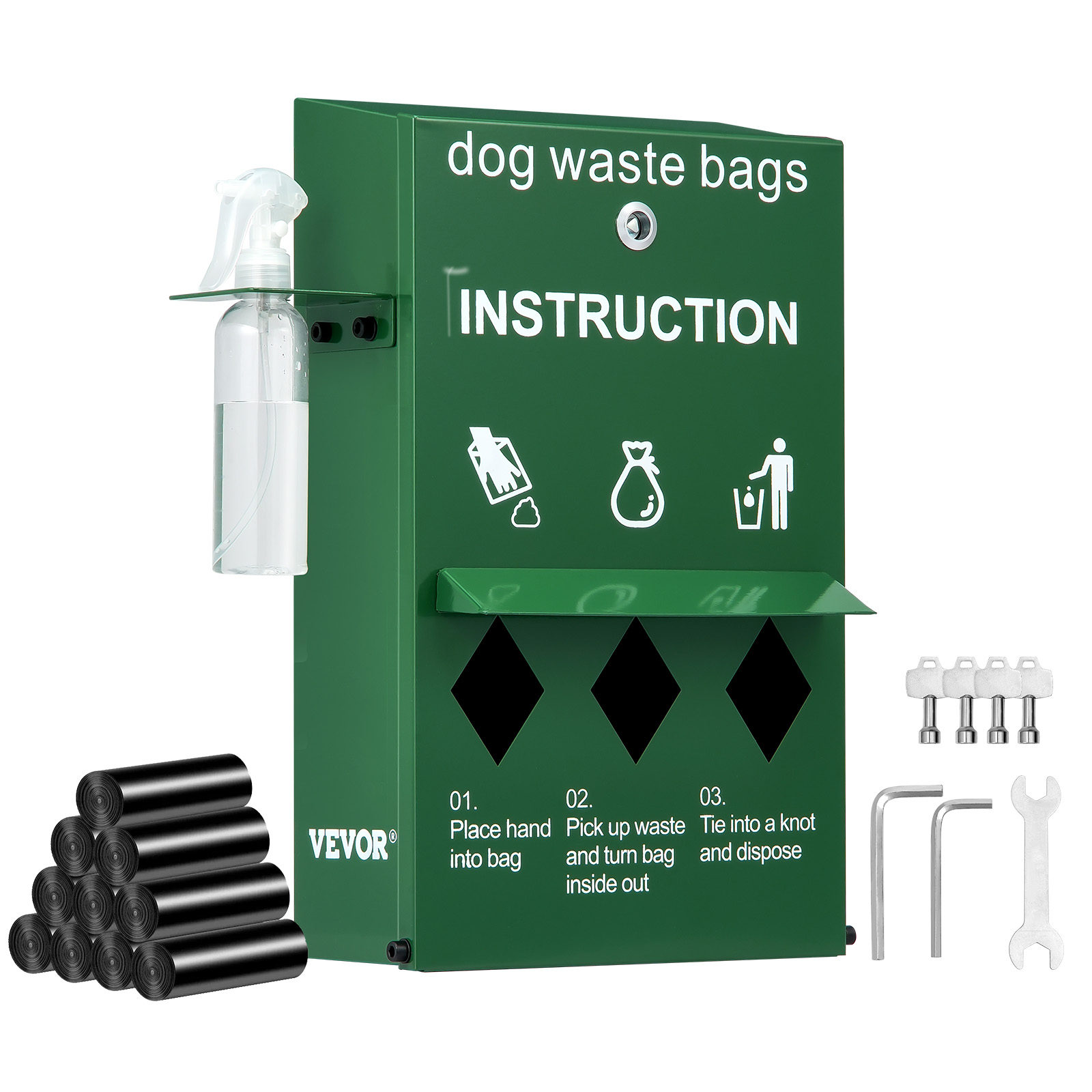 VEVOR Dog Poop Bag Dispenser with Hand Wash Bottle, Lockable Outdoor ...