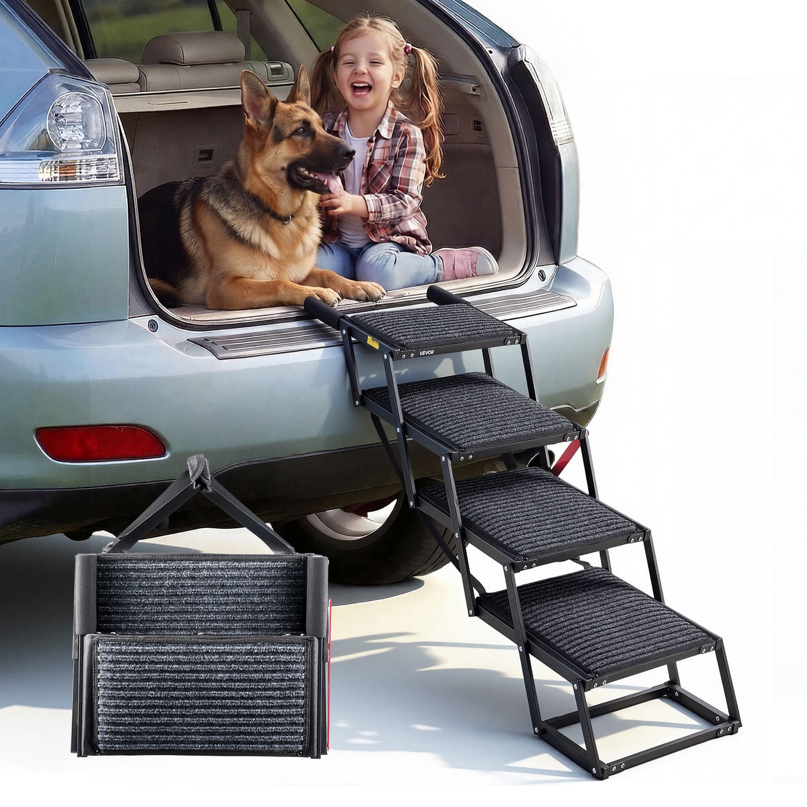 VEVOR Dog Stairs for Car, 4 Steps Extra Wide Foldable Dog Ramp for ...