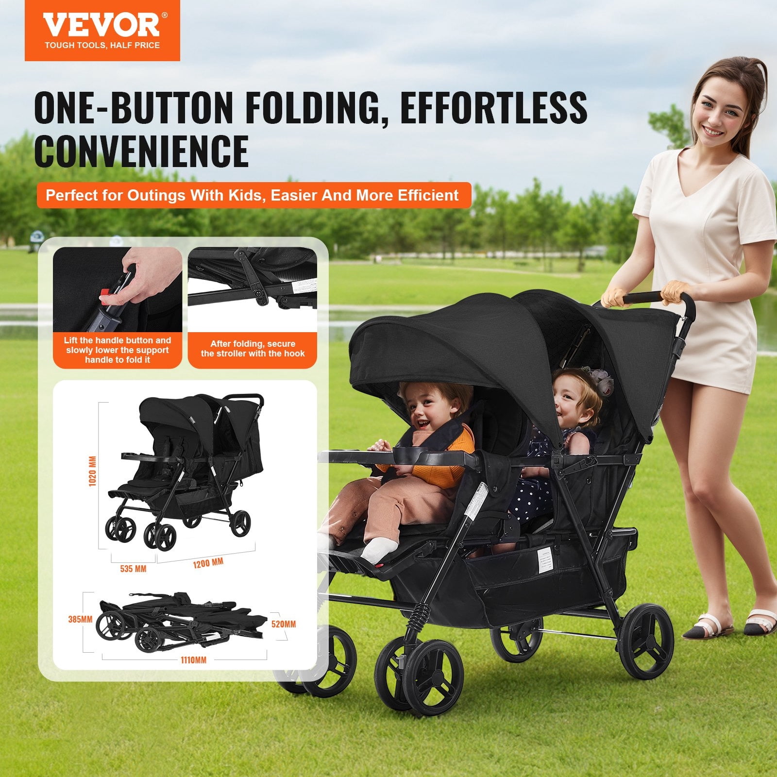 VEVOR Double Stroller Foldable Lightweight Twin Tandem Stroller Black ...