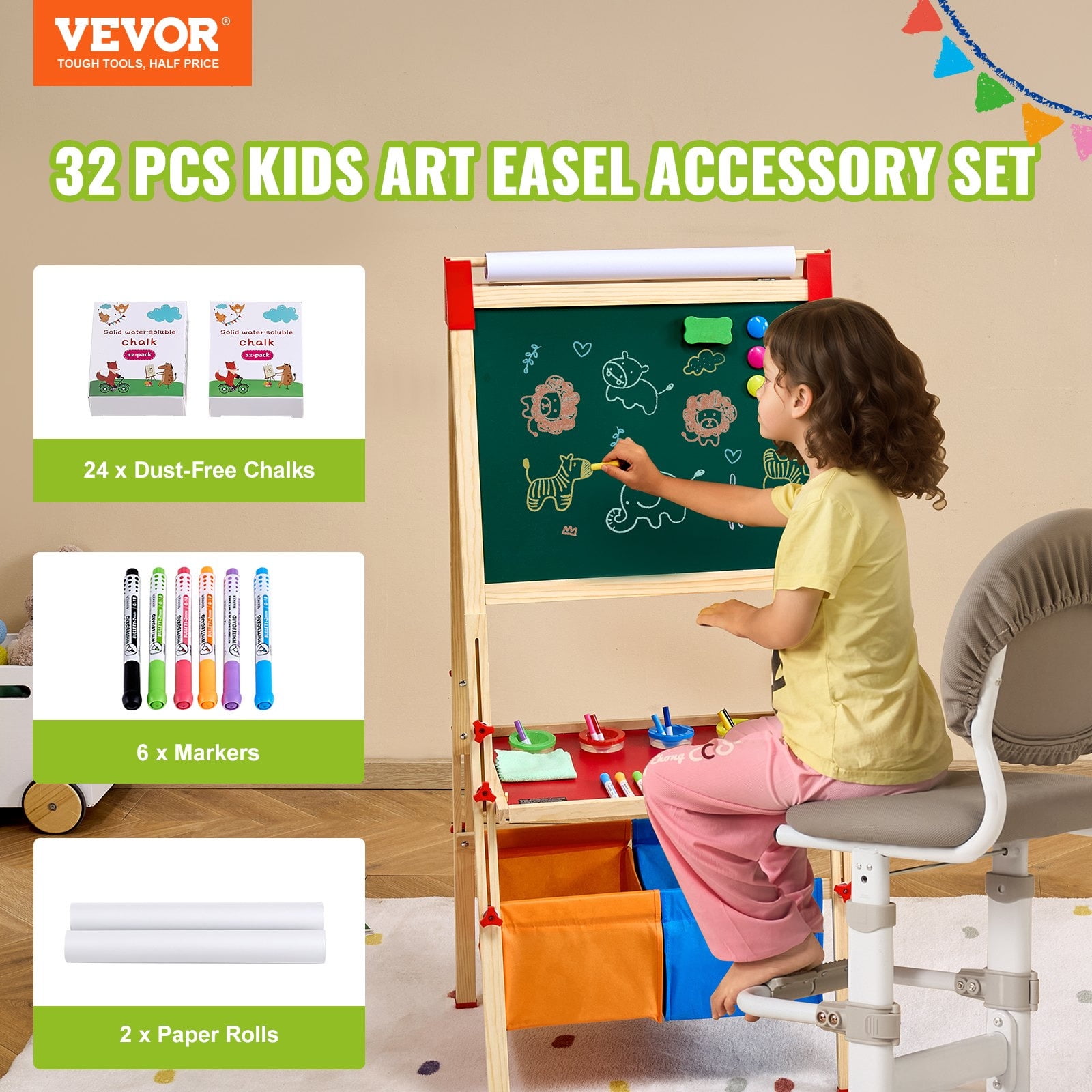 VEVOR Easel Accessory Set Chalk Markers Paper Rolls 32PCS for Standing ...