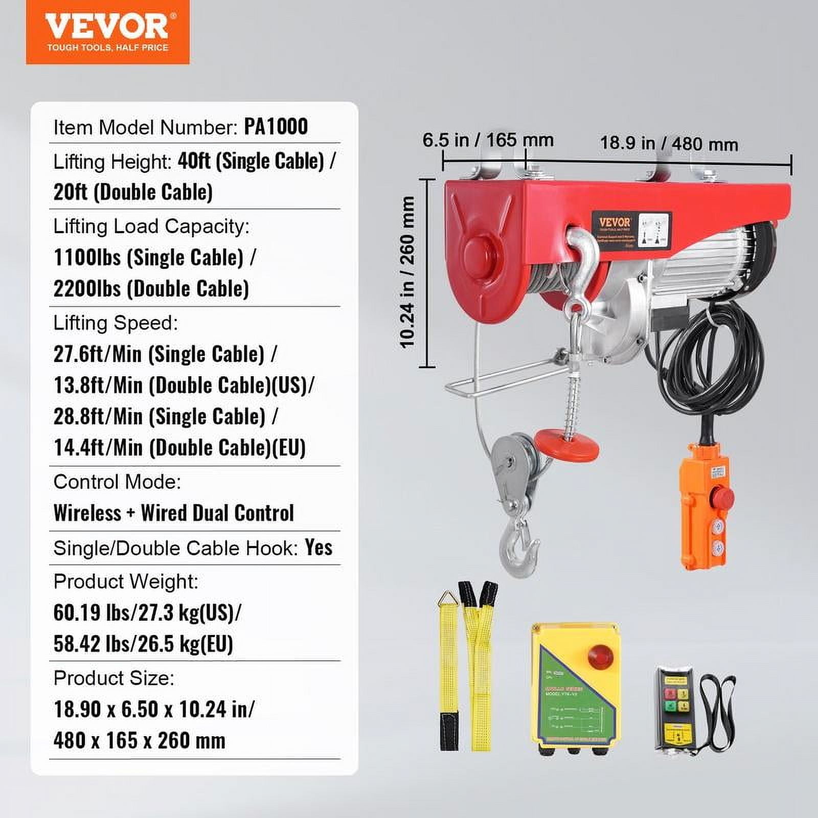 VEVOR Electric Hoist, Max. 2200 lbs 120V Electric Winch with 328 ft ...
