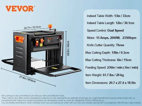 VEVOR Electric Thickness Planer Benchtop 13inch Wood Planer with Three ...
