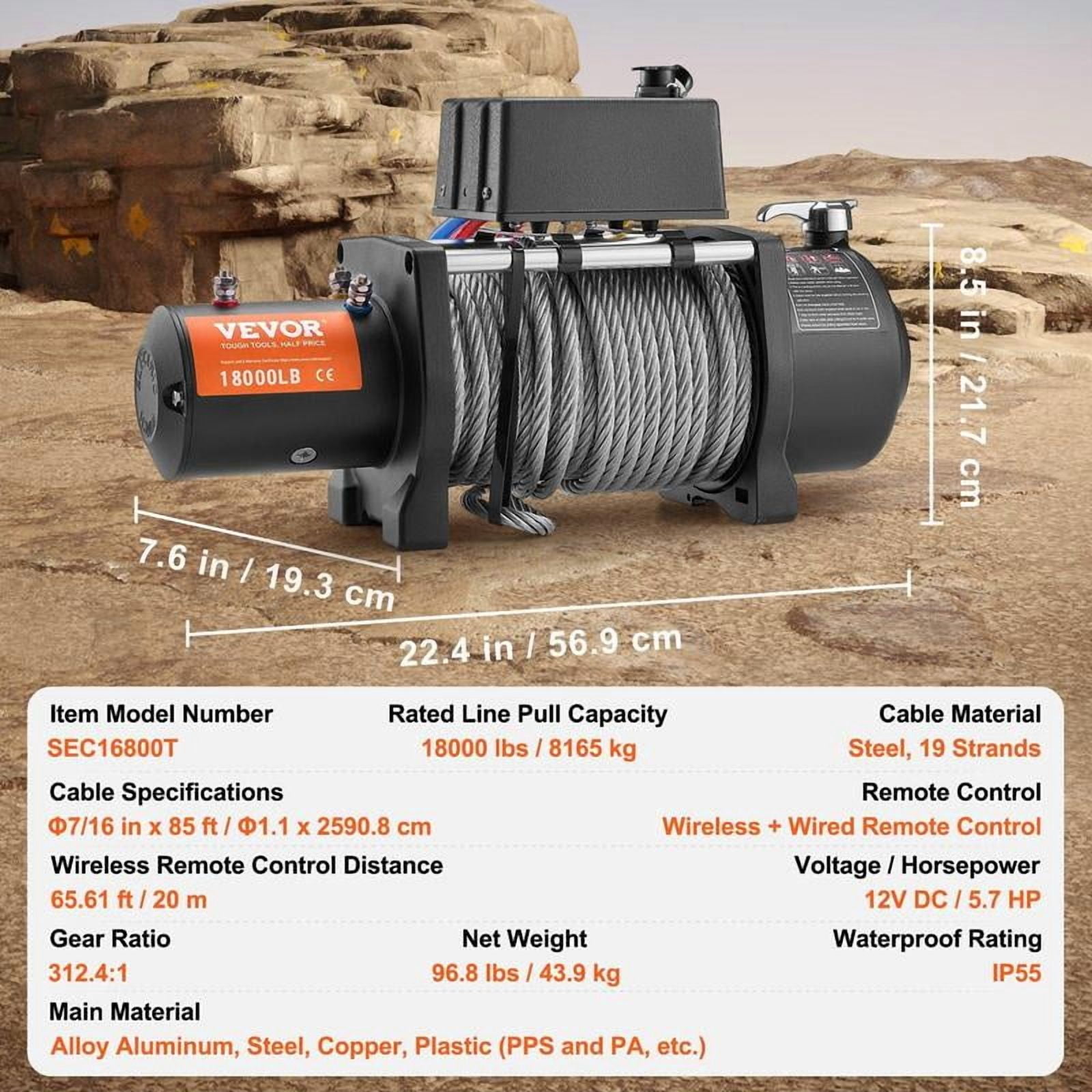 VEVOR Electric Winch Truck 18,000 lb Steel Cable IP65 Waterproof Remote ...