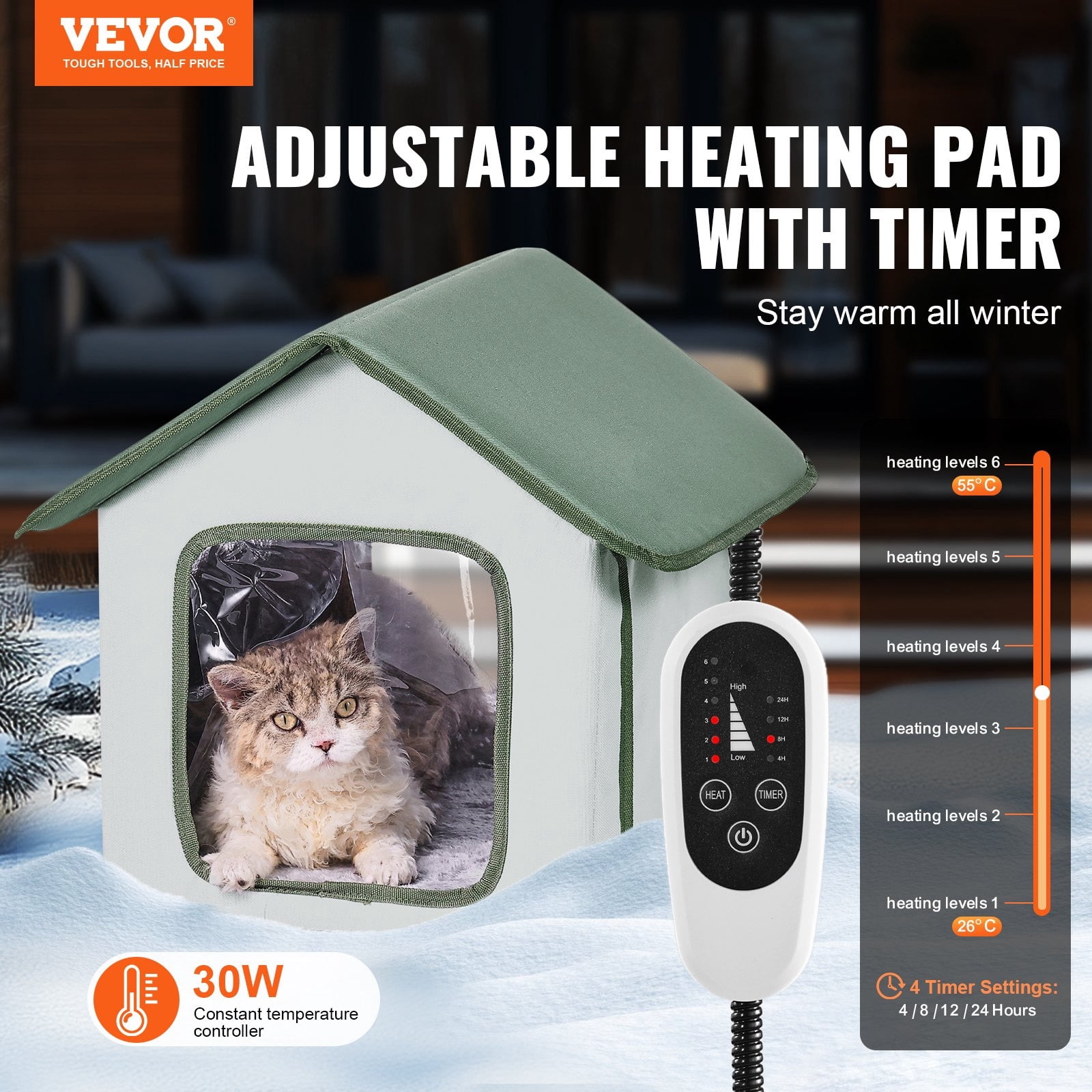 VEVOR Elevated Heated Cat House Outdoor Kitty Shelter with Heated Pad ...