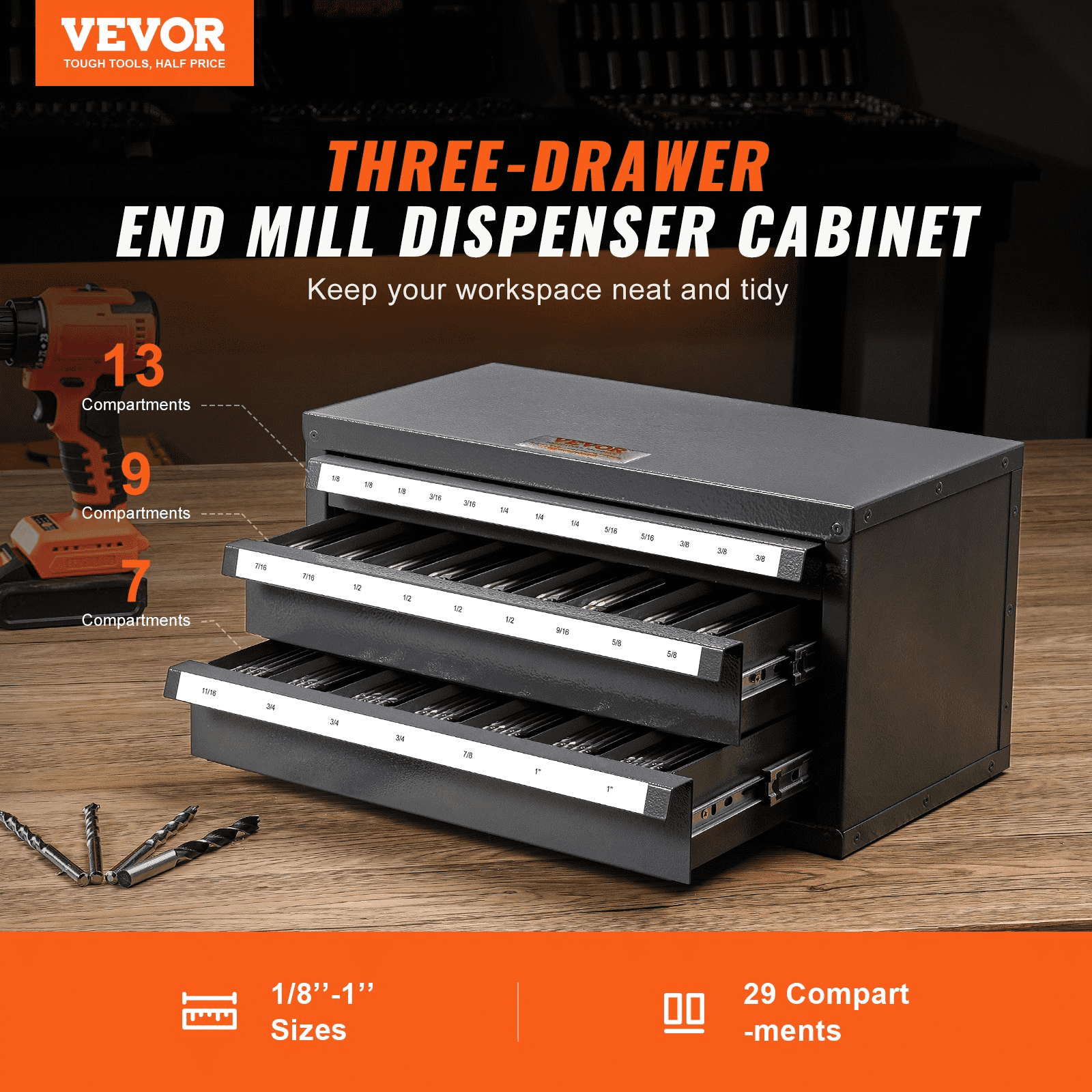 VEVOR End Mill Dispenser Cabinet, Three-Drawer End Mill Organizer Cabinet for 1/8" to 1", Steel ...